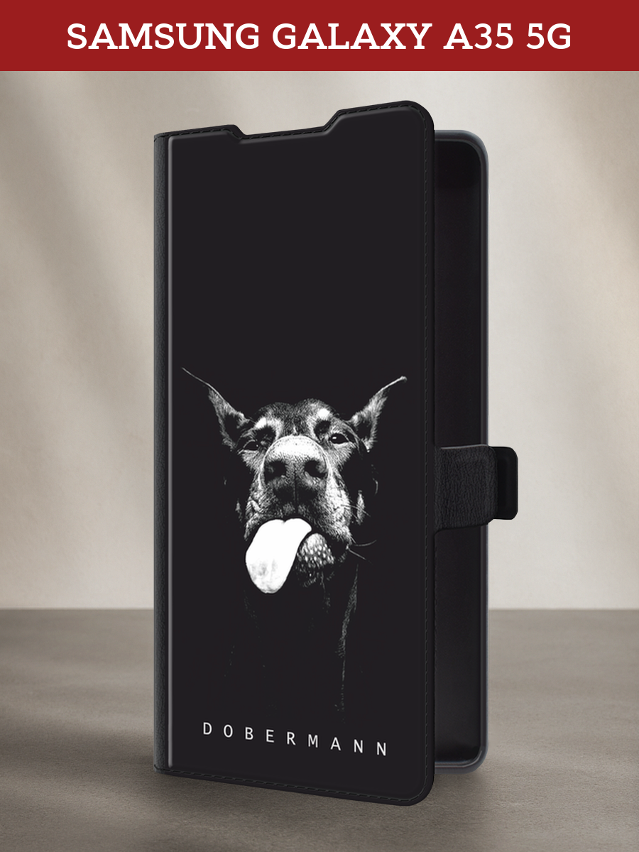 Чехол-книжка на Samsung Galaxy A35 5G / Самсунг А35 5G с принтом Язык добермана, черный