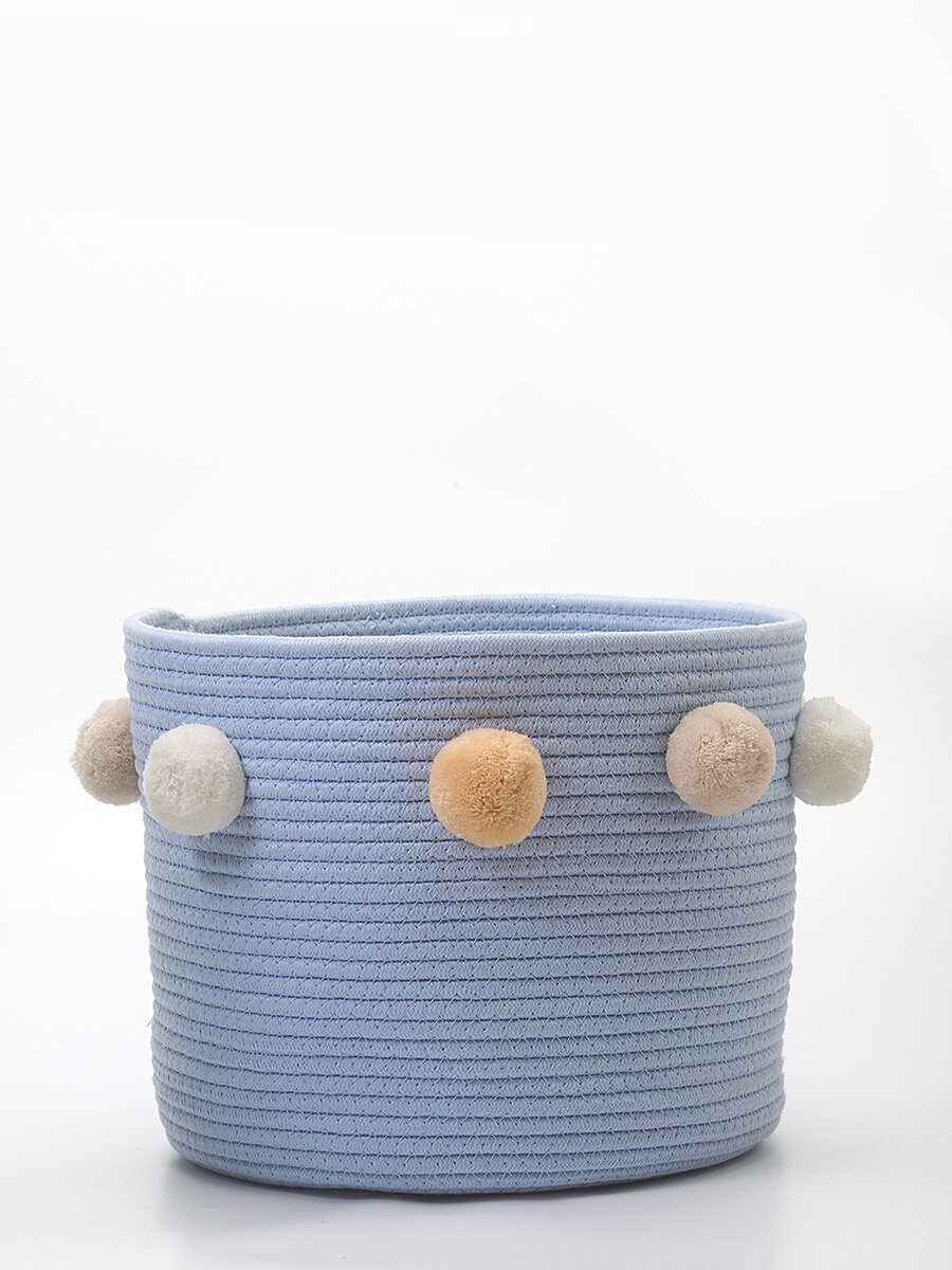 Корзинка для игрушек, вещей голубая плетеная хлопковая в детскую
