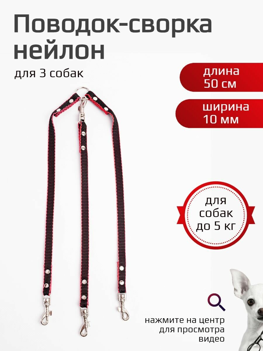 Сворка Хвостатыч для трёх собак маленьких пород нейлон 50 см х 10 мм (черно-красный)