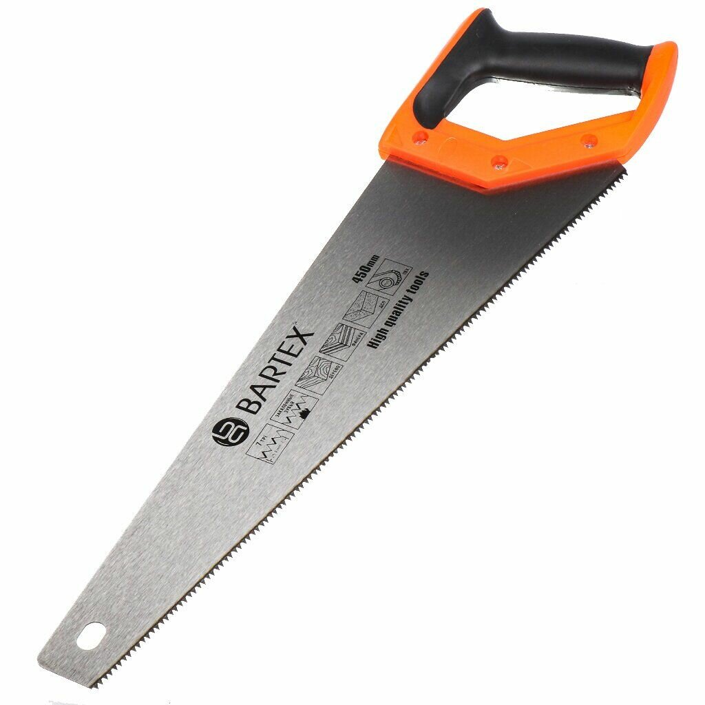Ножовка Bartex "Standart", по дереву, 450 мм, закаленные зубья, 2D-заточка, 7 TPI, двухкомпонентная прорезиненная рукоятка