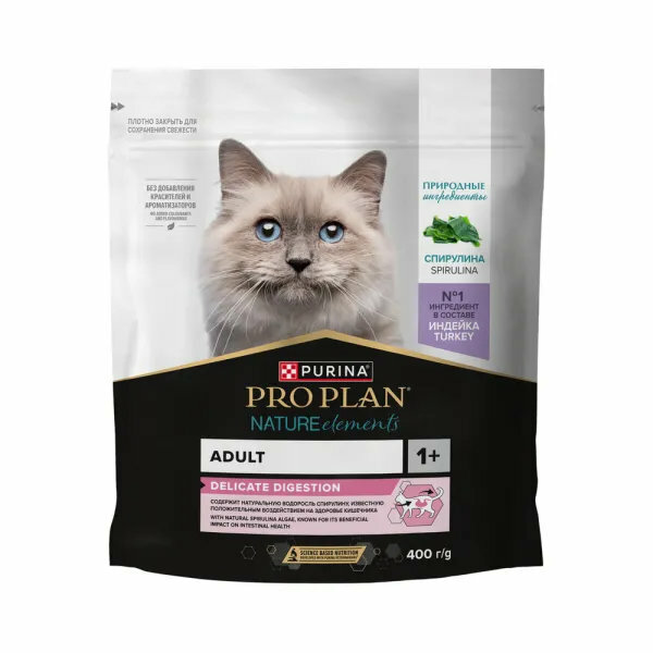 Purina Pro Plan Nature Elements Delicate Digestion сухой корм для взрослых кошек при чувствительном пищеварении или с особыми предпочтениями в еде, с высоким содержанием индейки - 400 г