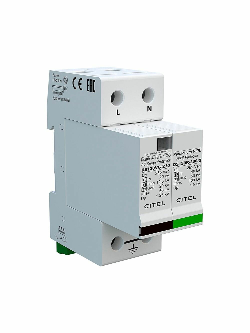 УЗИП серии DS130VG-230 комбинированного типа, схема защиты 1+1, удаленная сигнализация