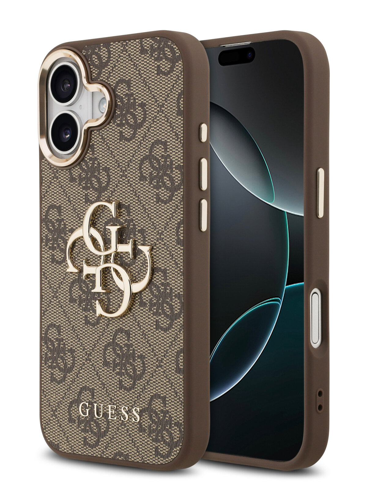 Чехол Guess на iPhone 17, из экокожи 4G, с защитой камеры и кнопками из металла, коричневый