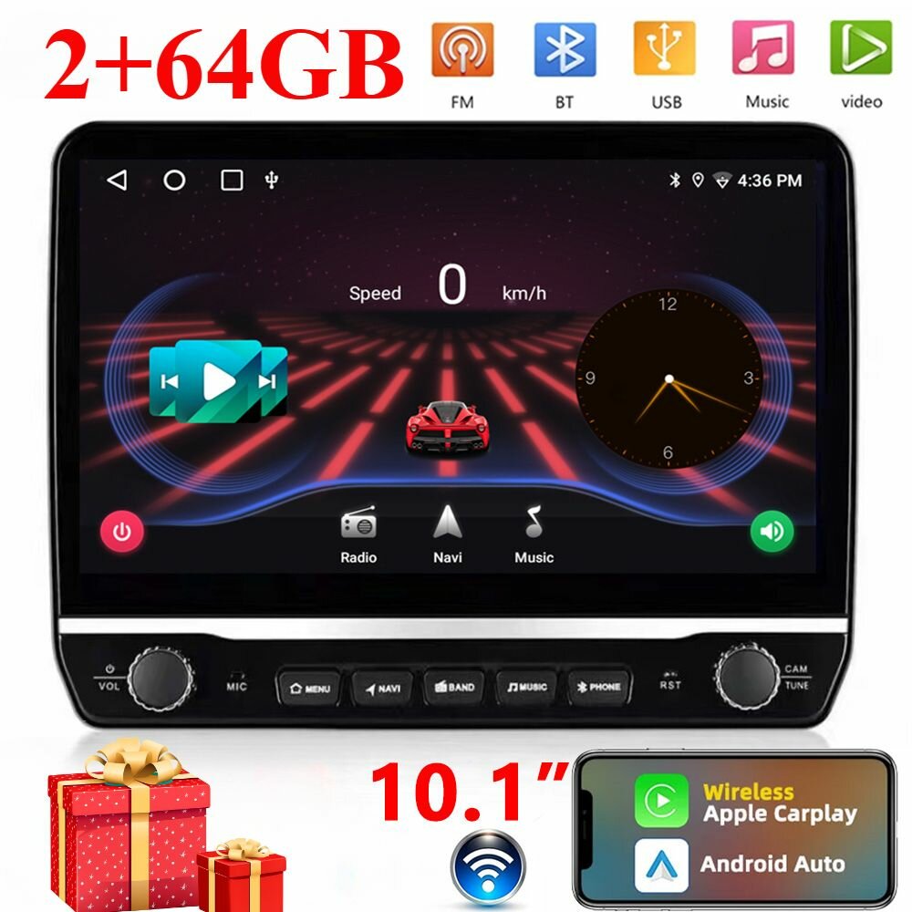 Магнитола для Автомагнито 2 DIN Android Auto Carplay 10-дюймовое головное устройство Android FM RDS WIFI