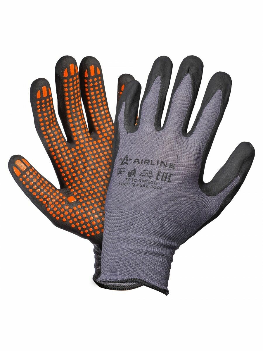 Перчатки нейлоновые Airline ADWG103, с нитриловым покрытием ладони (XL), серый/черный/оранжевый