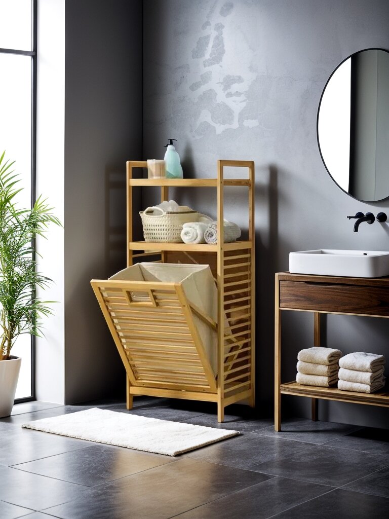 Корзина для грязного белья в ванной комнате изготовлена из бамбука с большой вместимостью и полками.