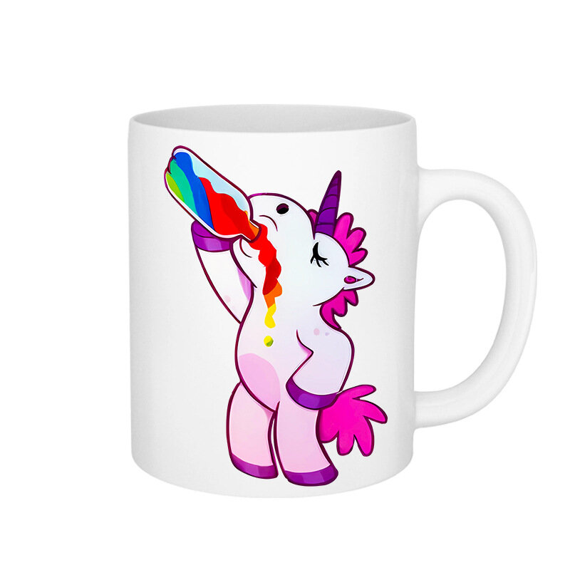 Керамическая кружка «Радужная радуга» объёмом 350 мл, милый дизайн с изображением единорога, пьющего радугу, весёлая и красочная кофейная чашка, 8,2 x 9,5 см