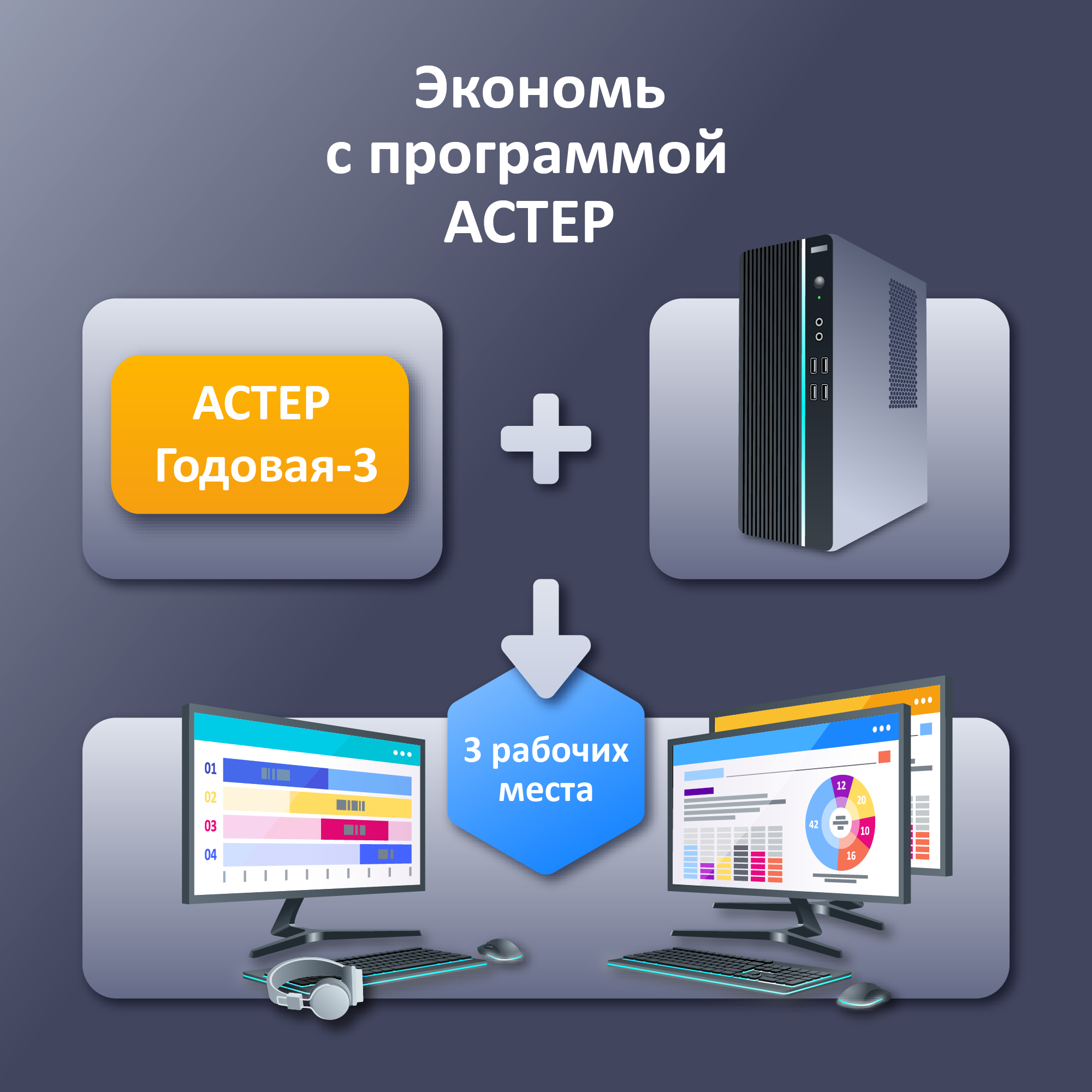 Три пользователя за одним компьютером одновременно. Лицензия Астер Годовая-3 для создания 3 рабочих мест на 1 год.