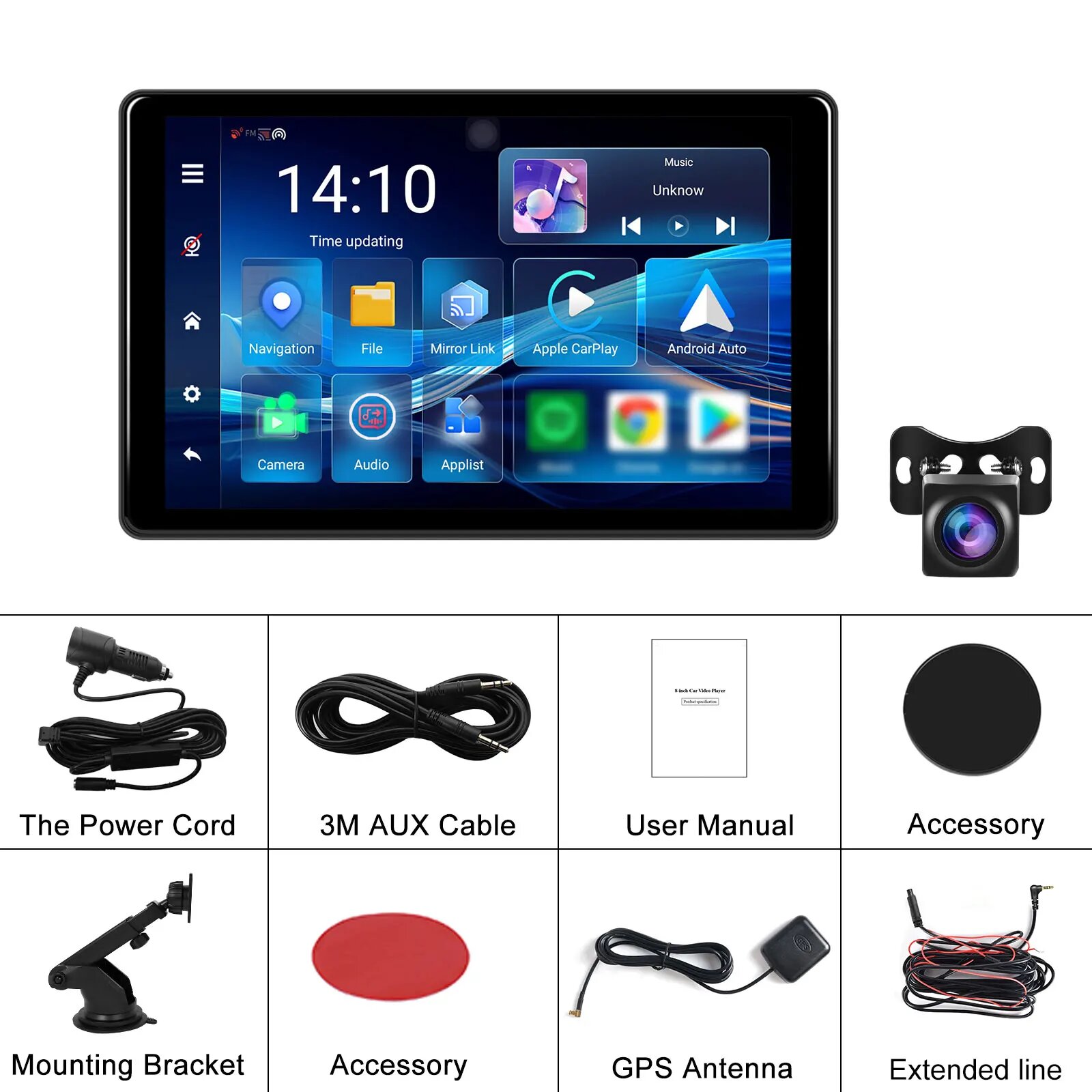 Универсальный автомобильный экран Podofo, 8-дюймовый мультимедийный Wi-Fi видеоплеер, беспроводной экран Carplay для Apple или Android 4 + 64 ГБ, навигация, With Rear Cam