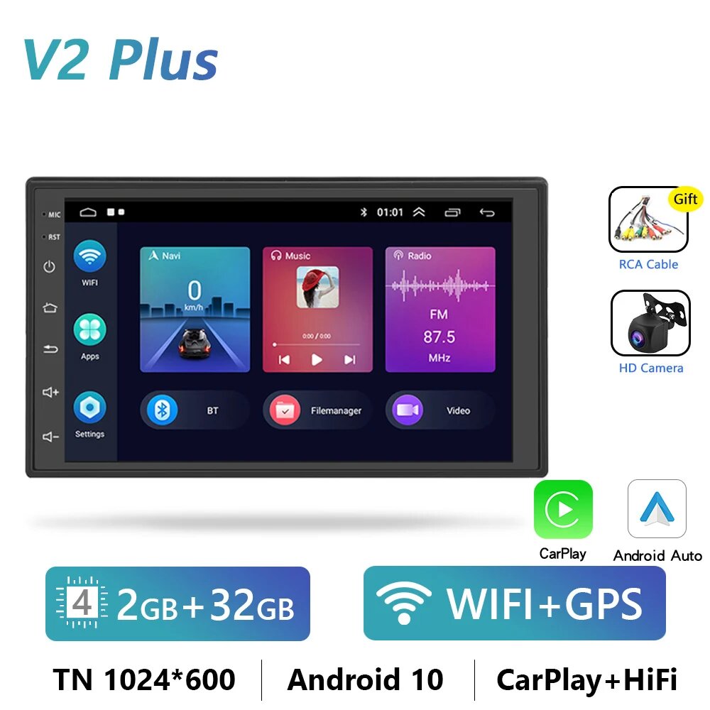 Автомагнитола Podofo 2 Din, 7 дюймов, android 1 + 32 ГБ, GPS-навигация, 2G-32G CP Cam