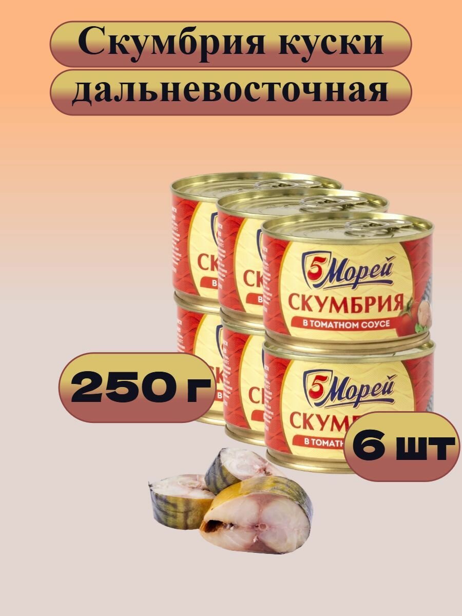 Скумбрия 5 Морей в томатном соусе 250 г. (Набор из 6шт)