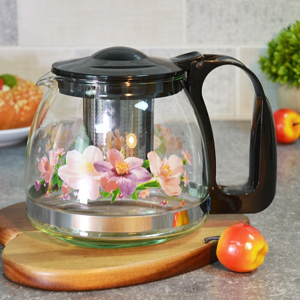 Заварочный стеклянный чайник 1,25 л с цветочным рисунком, с фильтром и ручкой