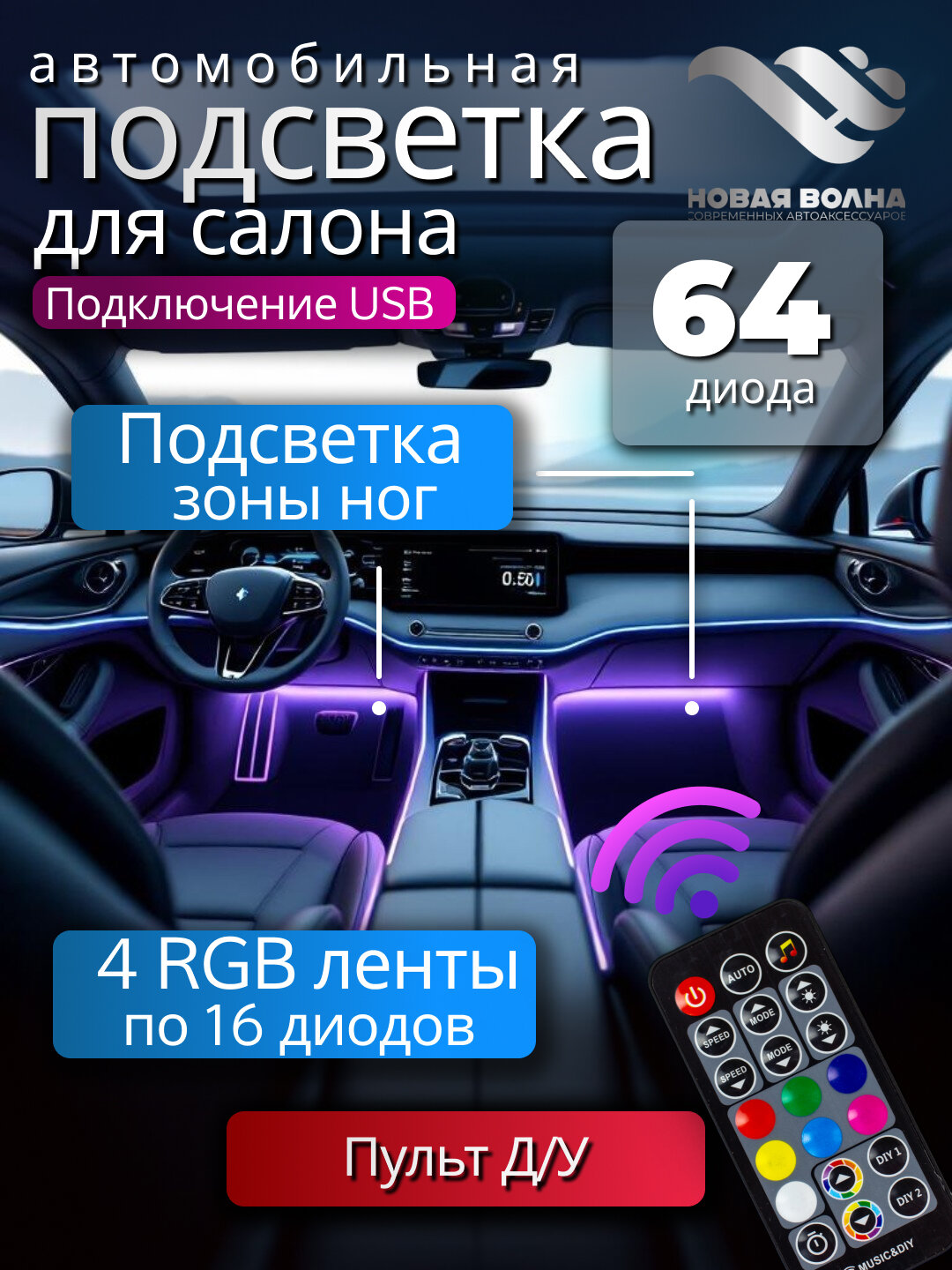 Светодиодная автомобильная подсветка салона, управление с телефона, цветомузыка на 64 диода, USB