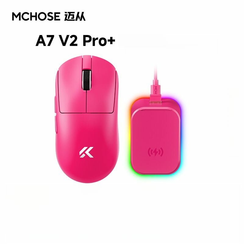 MCHOSE Игровая мышь беспроводная A7 V2 Pro+, сенсор PAW3395, Частота опроса проводная/беспроводная до 8К(Содержит 8к ресивер для мышек), Проводной/2.4G/BT, розовый