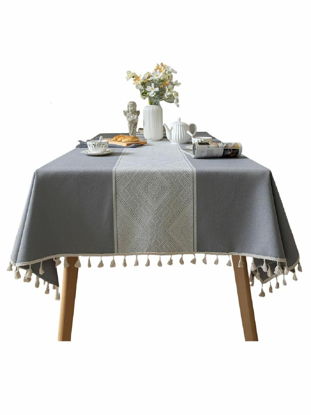 Скатерть, Жаккардовая скатерть ромб из искусственного хлопка и льна -140*160 см-серый
