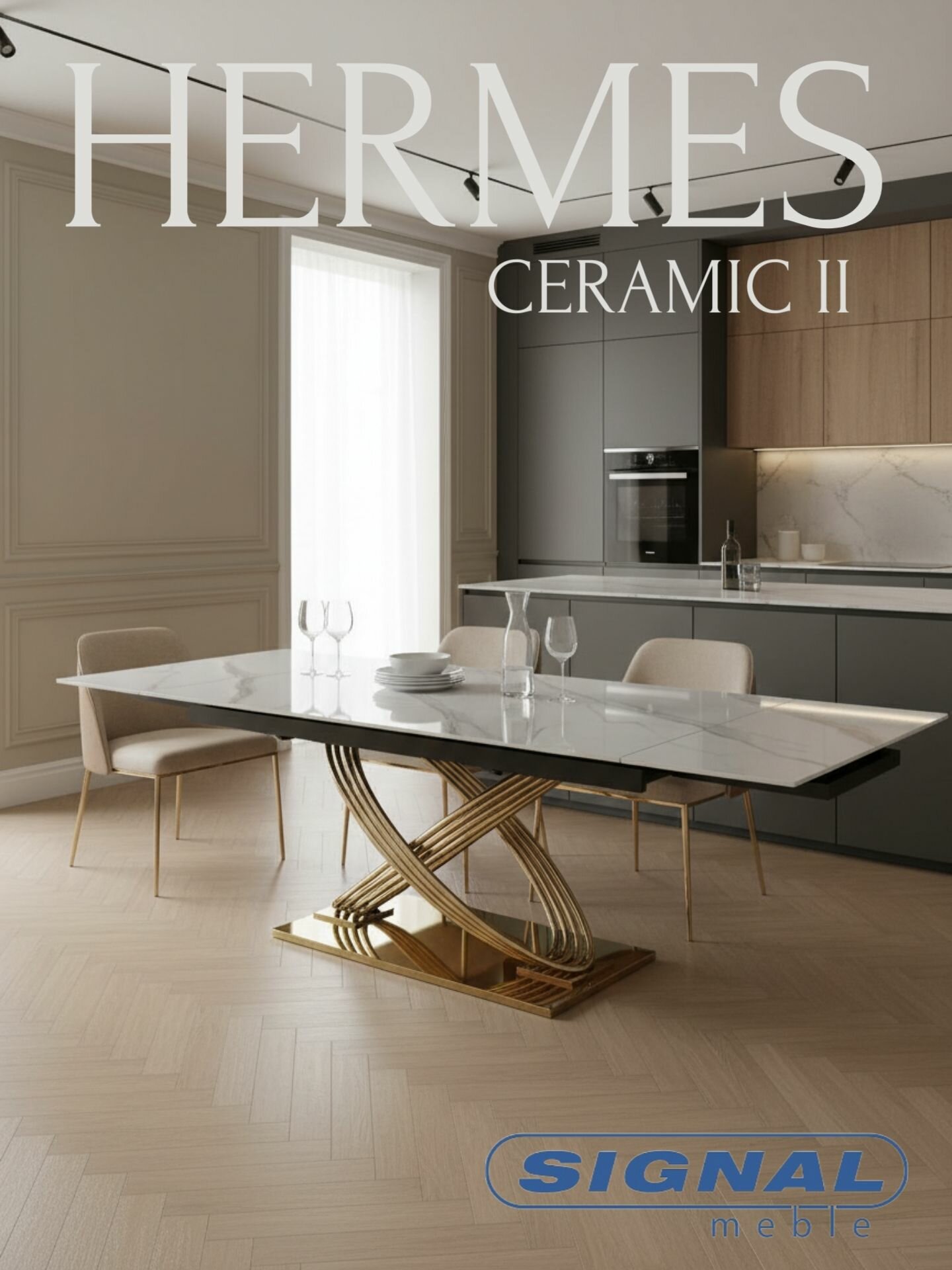 Керамический стол SIGNAL HERMES II 160-240/90 эффект белого мрамора/золотой