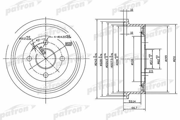 Барабан тормозной PATRON PDR1119 задняя Daewoo Espero 95-99, Nexia 95-97, Nexia седан 95-97, Opel Ascona A 70-75, Ascona A Voyage 70-75, Ascona B 75-81, Ascona