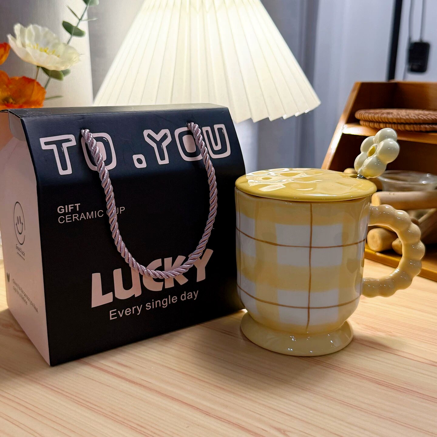 Фиолетовая кружка в клетку с крышкой и ложкой, керамическая чашка, парные чашки для воды, подарок на день рождения для