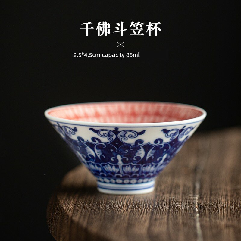 Чайная чашка «Тысяча Будд», коническая, из сине-белого фарфора, одиночная, с блюдцем, чайный сервиз, чайная миска,