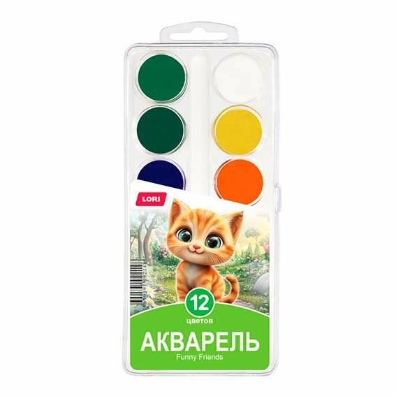 Краски акварельные 7-Я 12 цветов, Lori, "Funny Friends", без кисти, пластиковая упаковка с крышкой