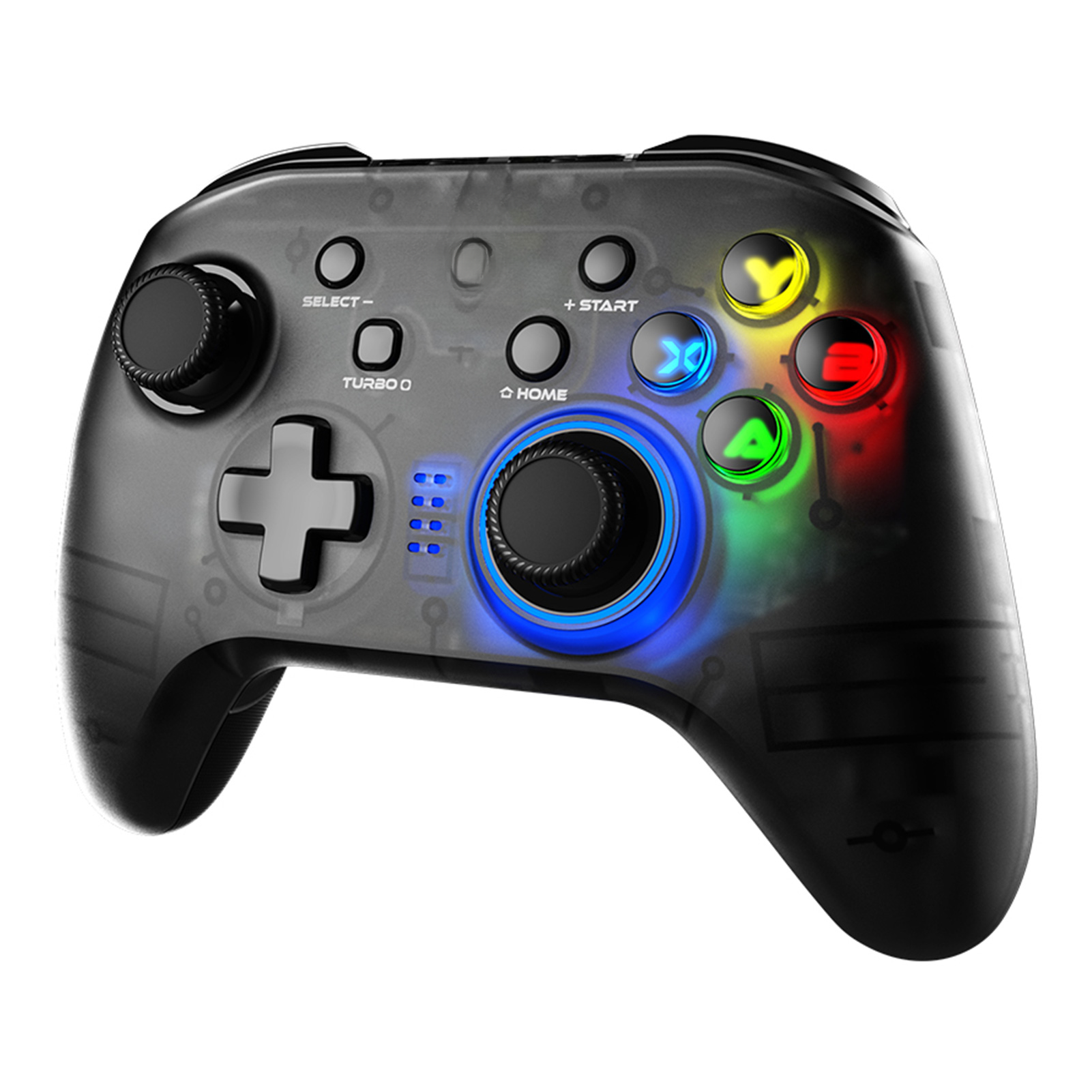T4 pro Gaming Controller Wireless Gamepad с LED Backlight для Windows 7 8 10 PC iOS Android Nintendo Switch, Translucent black, Battery 3.7V 600mAh, Charging time 30min, Working time 120min, Size 142*99*56mm, 1* T4 pro handle controller, 1* Mobile phone