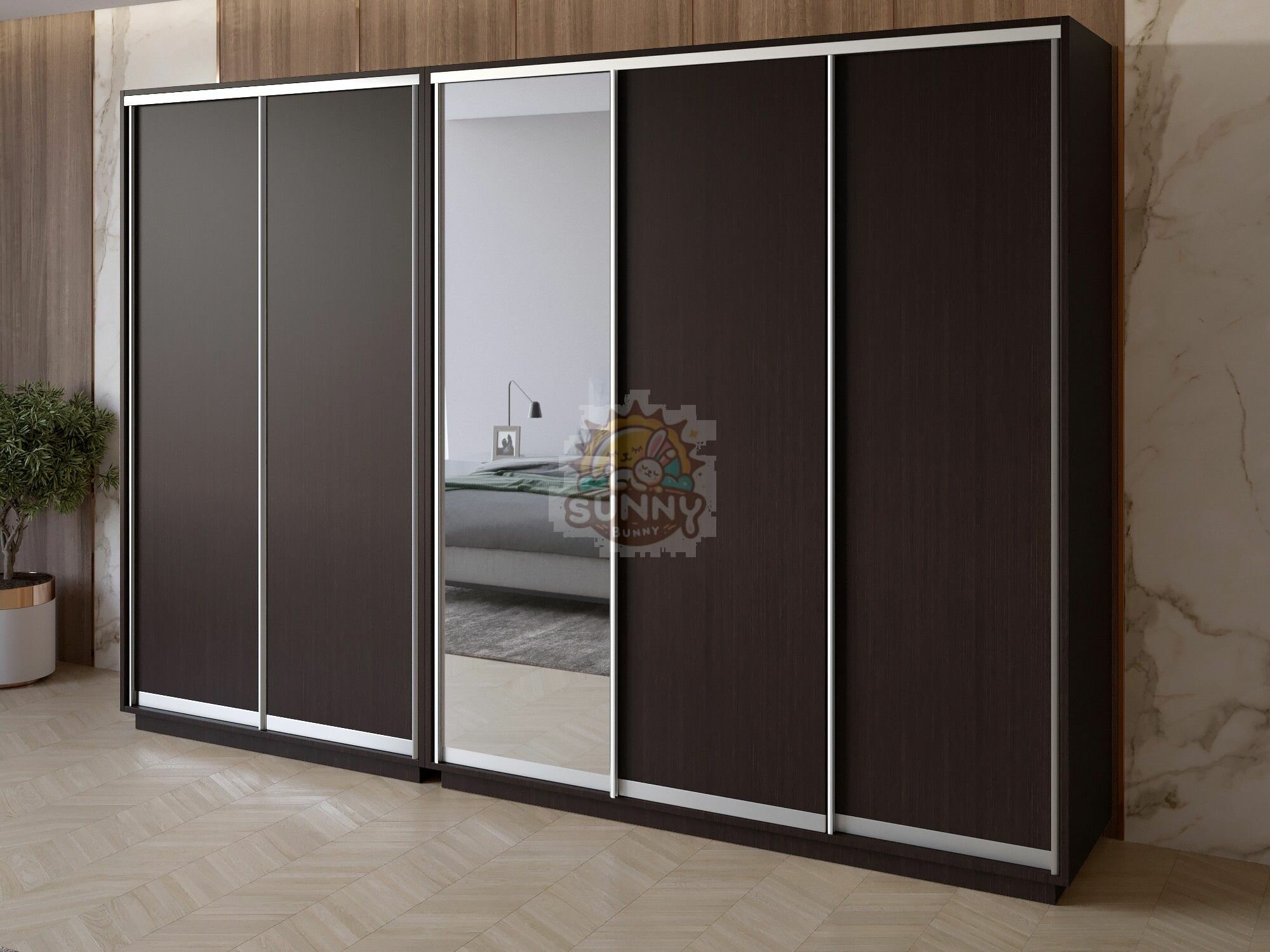 Шкаф-купе Вилли 5-ти дверный модульный (2+3) ЛДСП-4 / Зеркало-1, профиль серебро, 300х60х240 см. Венге