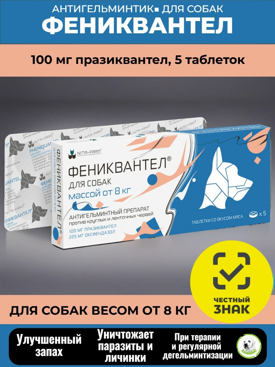 Антигельминтный препарат Фениквантел 100 мг (нита-фарм) против круглых и ленточных червей для собак массой от 8 кг, 5 таблеток