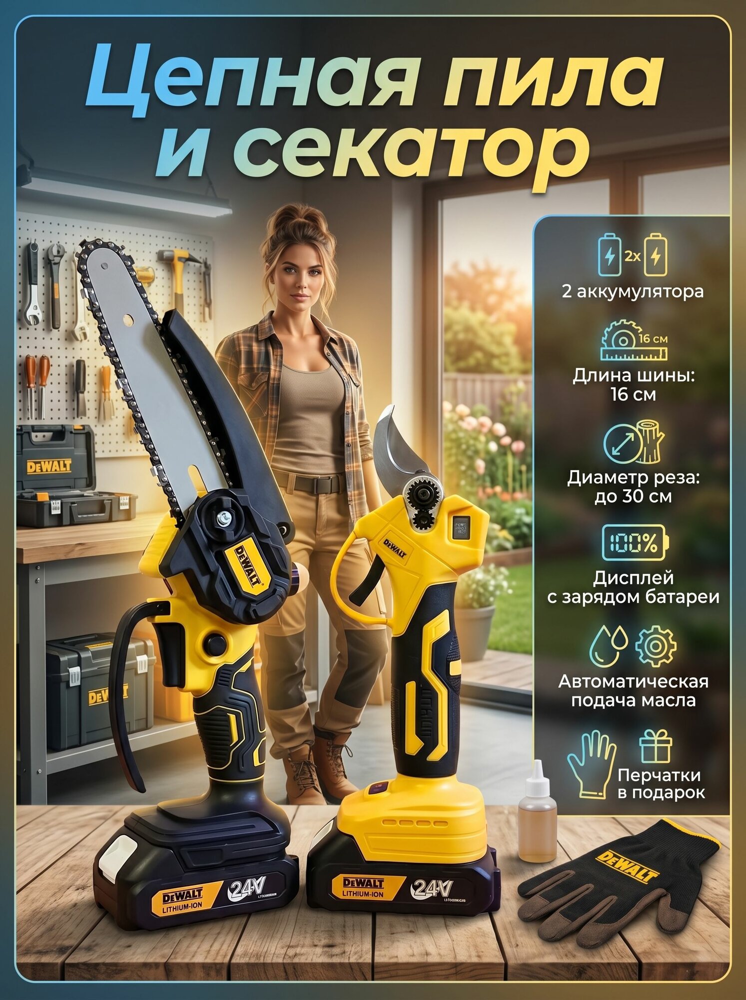 DeWalt Пила цепная аккумуляторная и секатор садовый аккумуляторный, набор садовых инструментов 26v