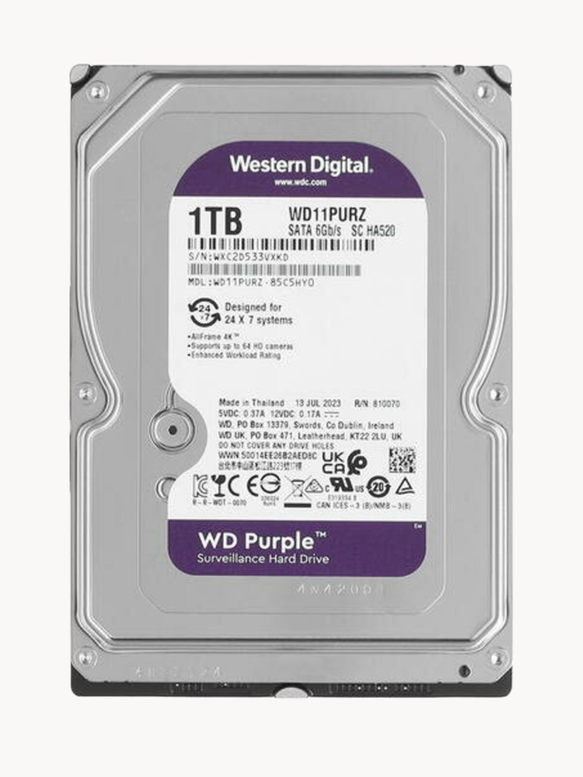 Жесткий диск WD Purple WD11PURZ, 1ТБ, HDD, SATA III, 3.5"