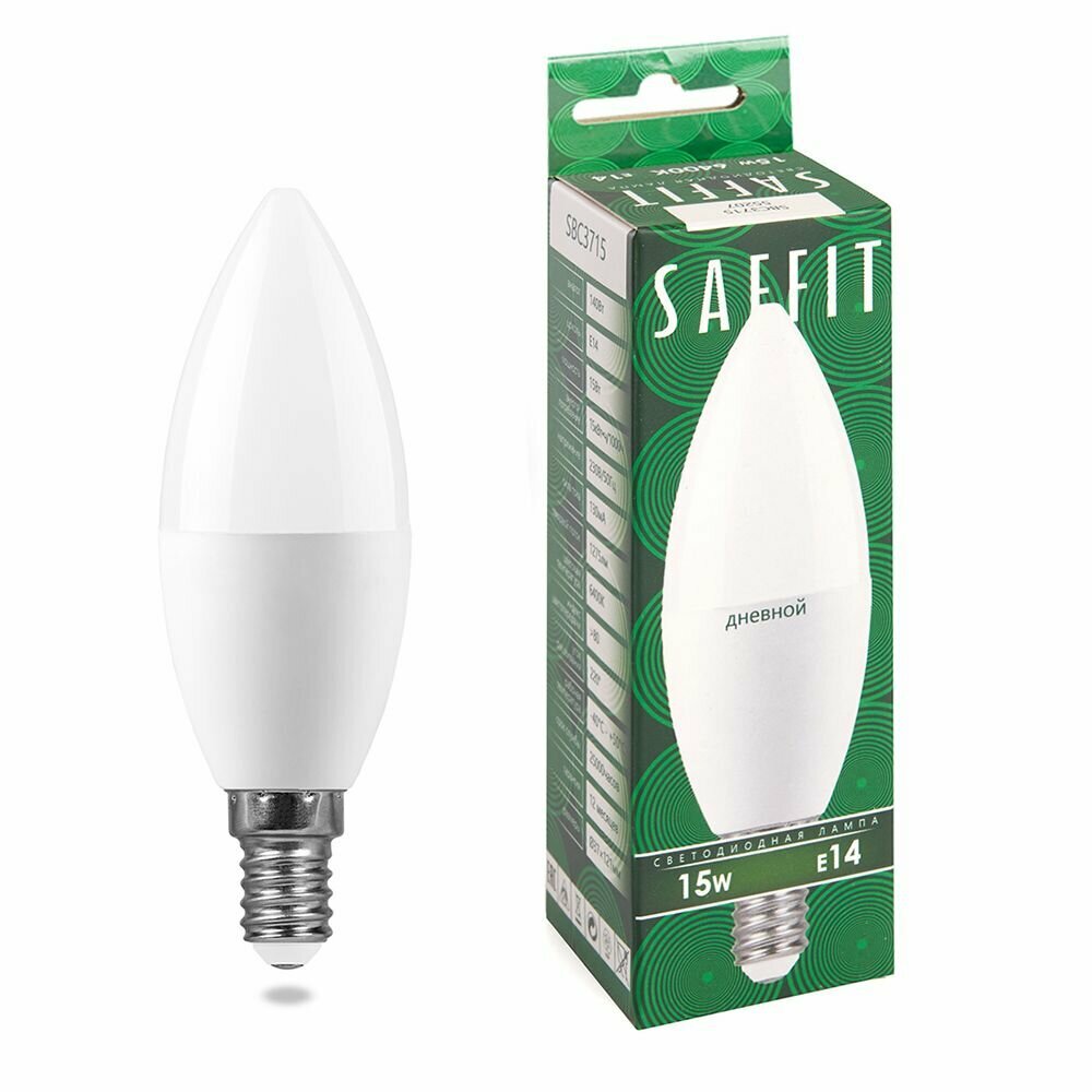 Лампа светодиодная E14 15 Вт C37 свеча дневной белый свет 6400K Saffit SBC3715 55207