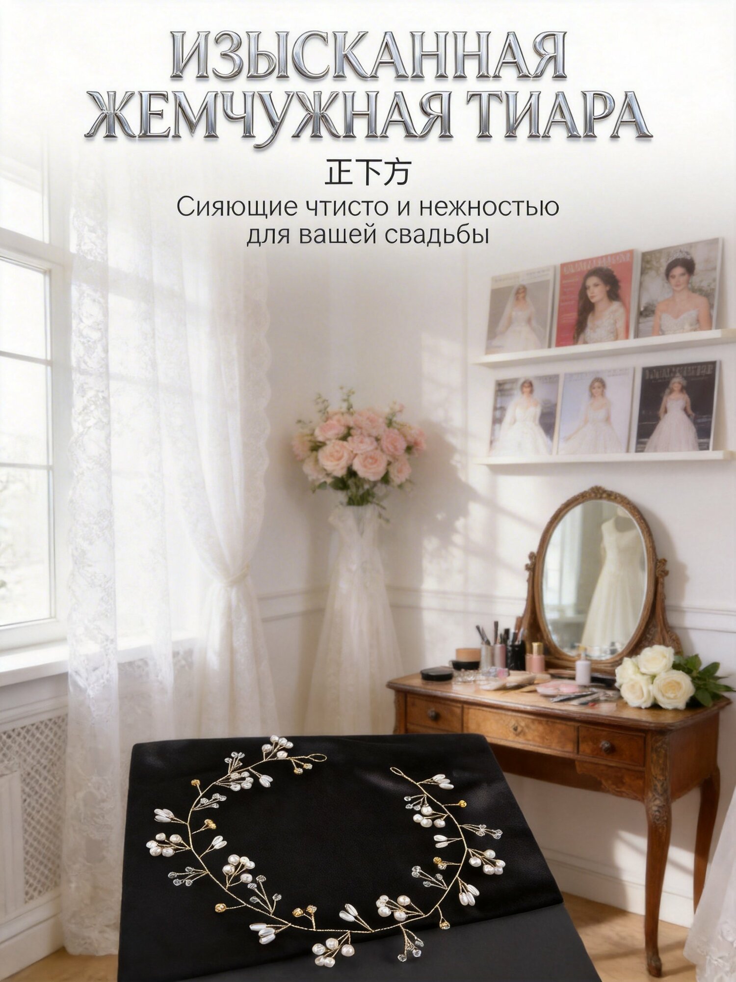 Свадебная жемчужная тиара, украшение для волос невесты с жемчугом 38*2 cm, варианты серебряной и золотой проволоки