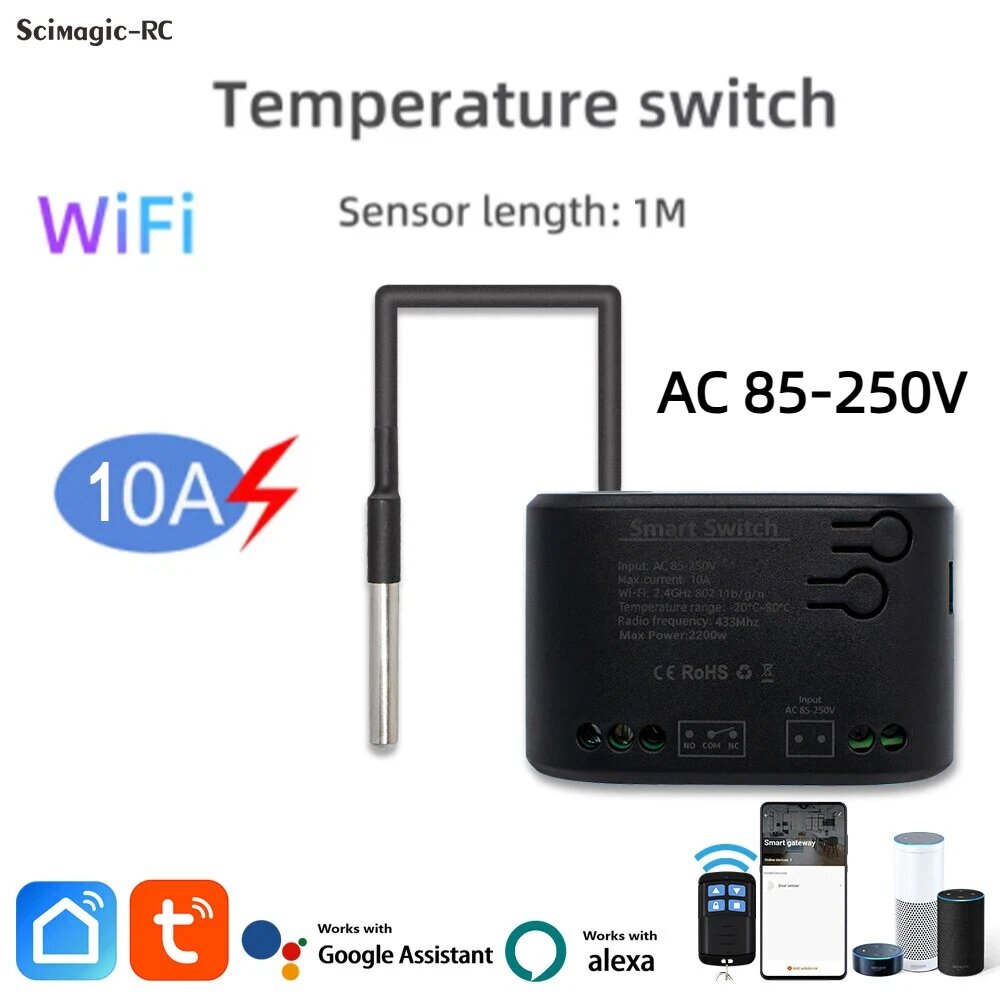 Умный WiFi-выключатель с датчиком температуры Tuya Smart 7-32V 85-250V, монитор термостата с пассивным сухим контактом реле, совместимый с Alexa-