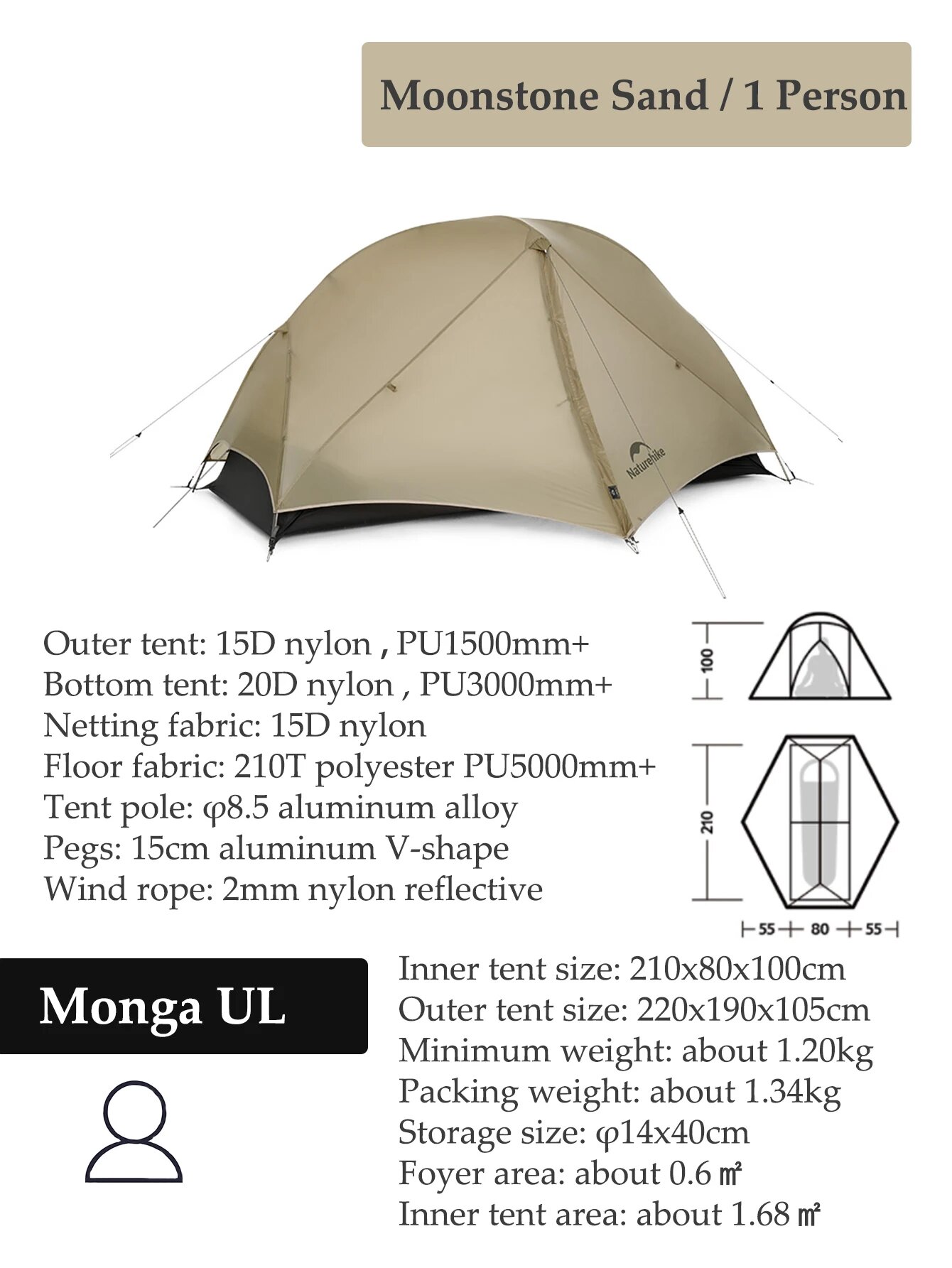 Намет Naturehike Mongar Camping Tent для 2 человек ультralёгкий профессиональный водонепроницаемый и ветронепроницаемый рюкзачный намет из 20D нейлона для путешествий