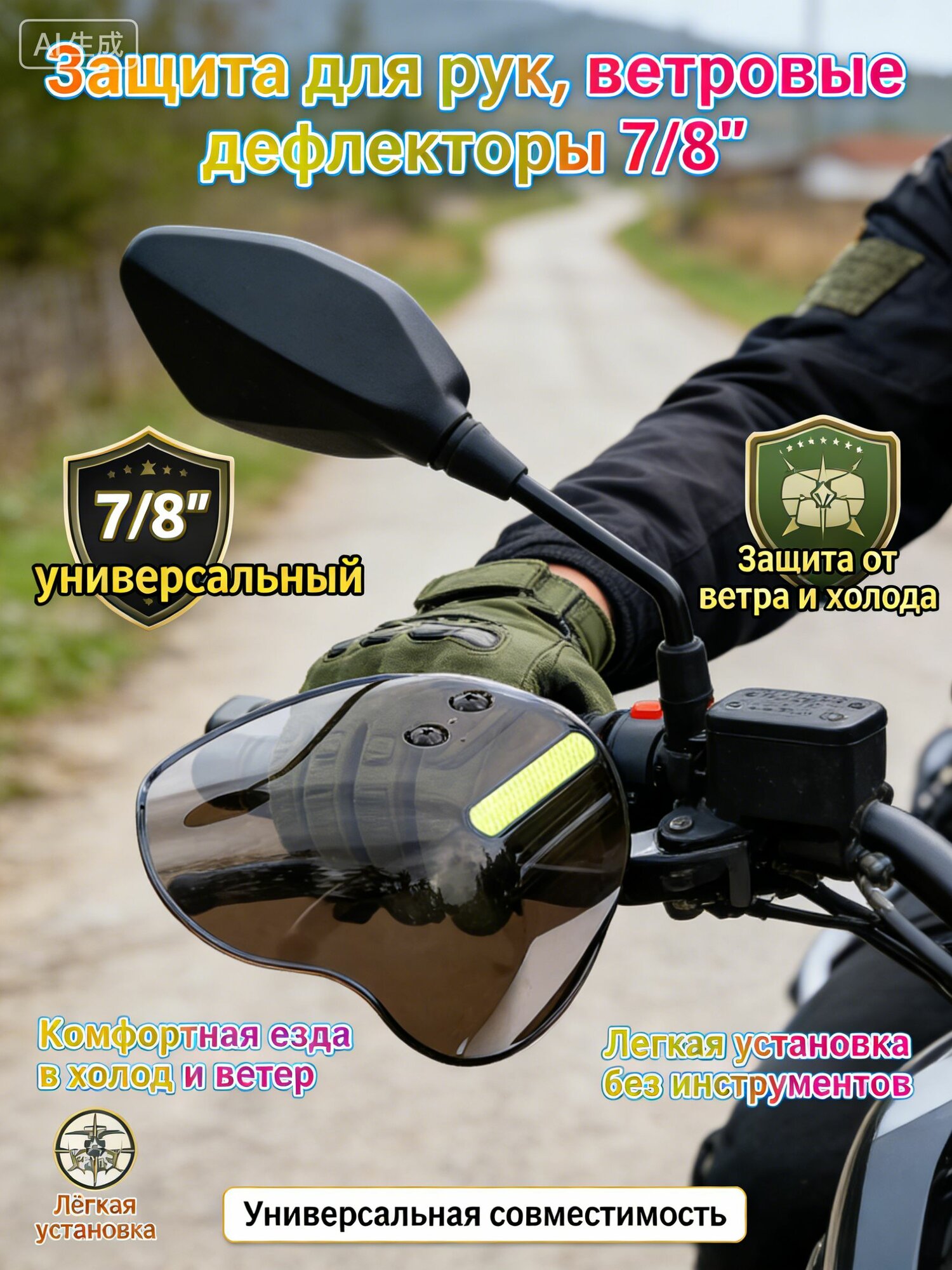 Защита рук от ветра и холода для руля 7/8" — дефлекторы для мото и электровелосипеда, с отражающей полосой для дождя