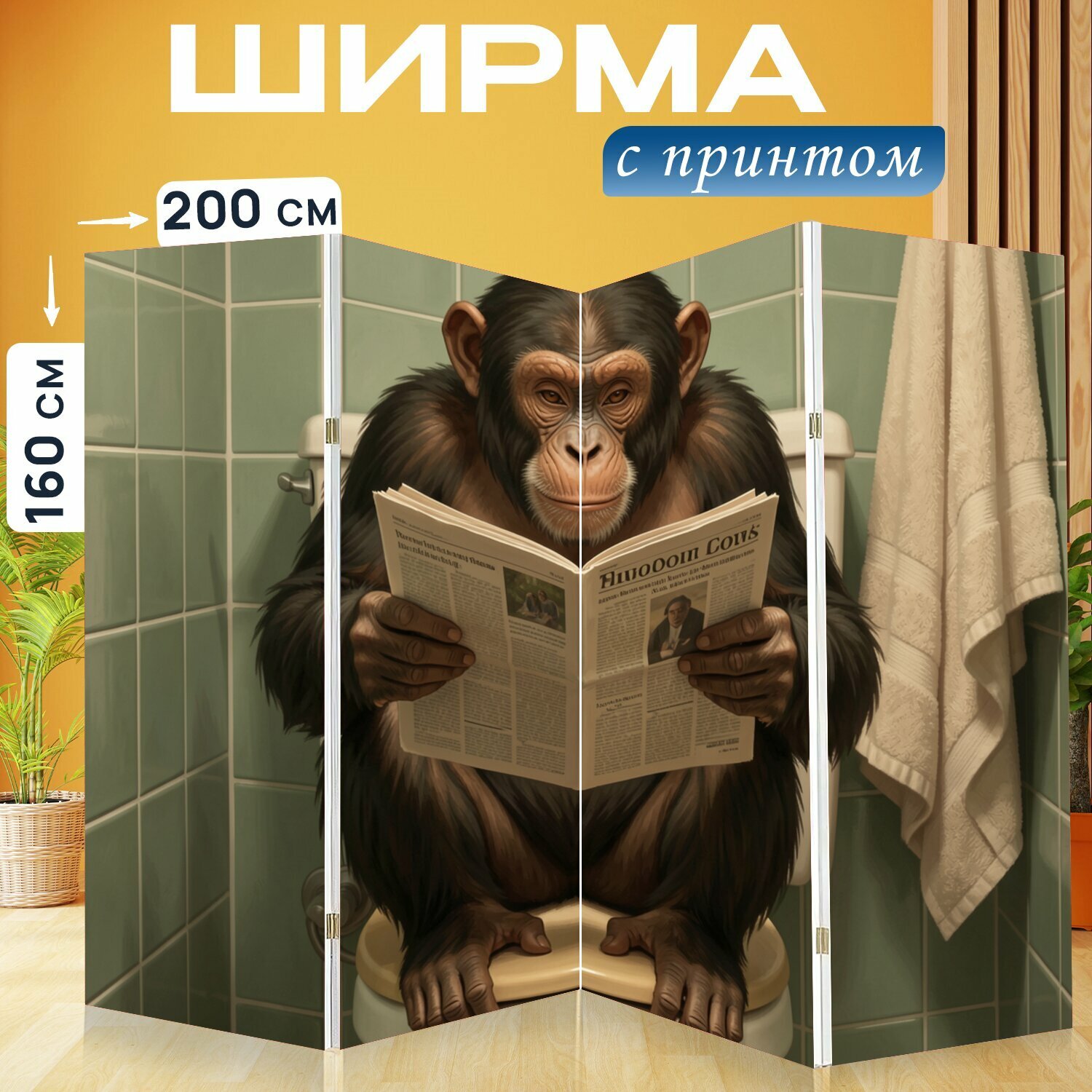 Ширма "Шимпанзе с газетой в ванной. Забавная реалистичная сцена: обезьяна сидит на унитазе и читает прессу в." перегородка для зонирования комнаты с принтом 200x160 см. на холсте