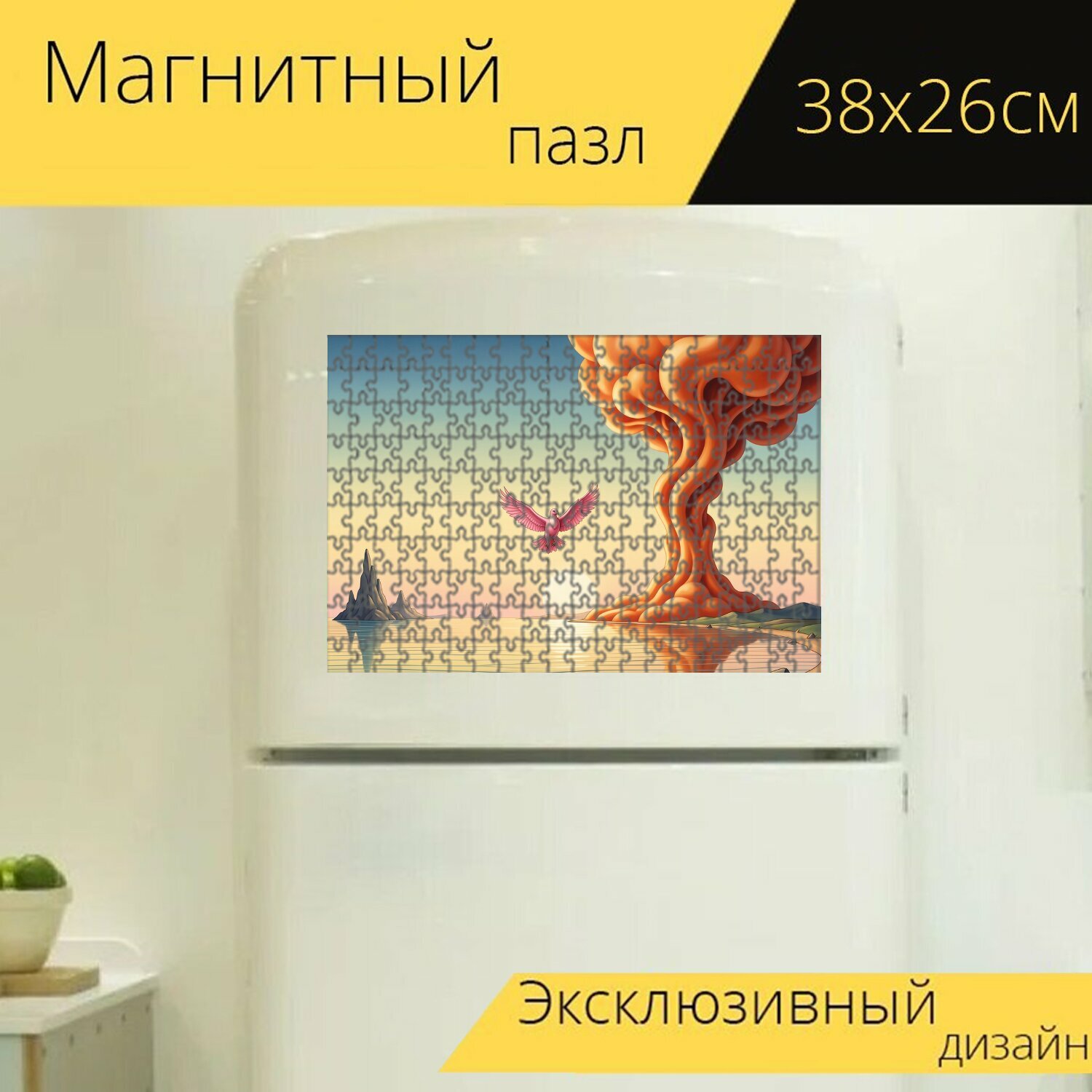 Магнитный пазл "Фантазийный пейзаж с розовой птицей. Сюрреалистическая сцена с парящей птицей, огромным оранжевым облачным деревом, спокойной водой и мягким." для интерьера, 38х26 см.
