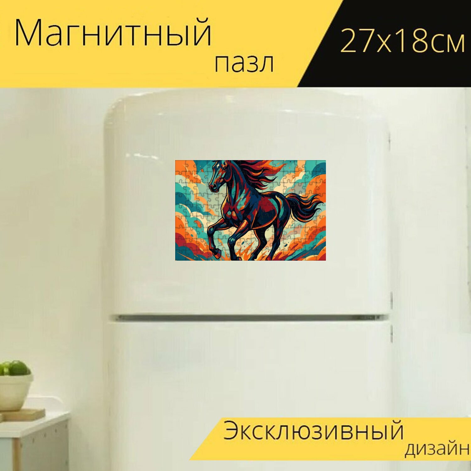 Магнитный пазл "Мчащаяся лошадь в ярком вихре. Динамичный образ сильного скакуна в стиле современного иллюстративного арта, с развевающейся гривой." на холодильник 27 x 18 см.