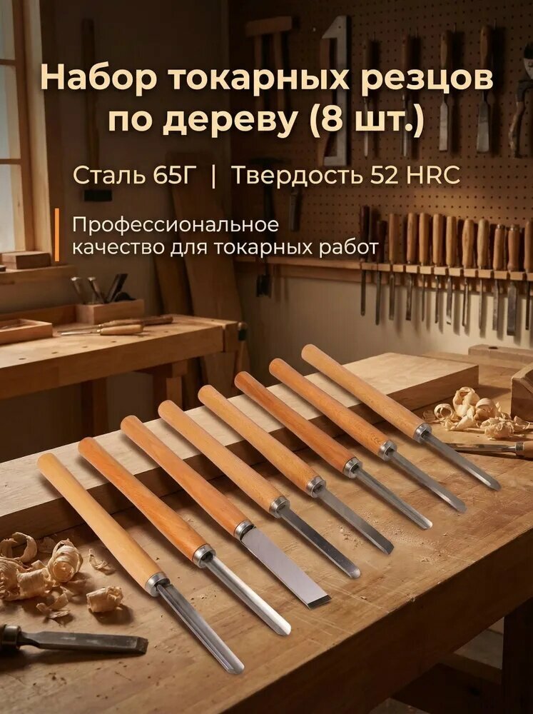Набор резцов по дереву, 8 предметов из стали 65G 52 HRC с рукоятями из твердой древесины для токарных работ
