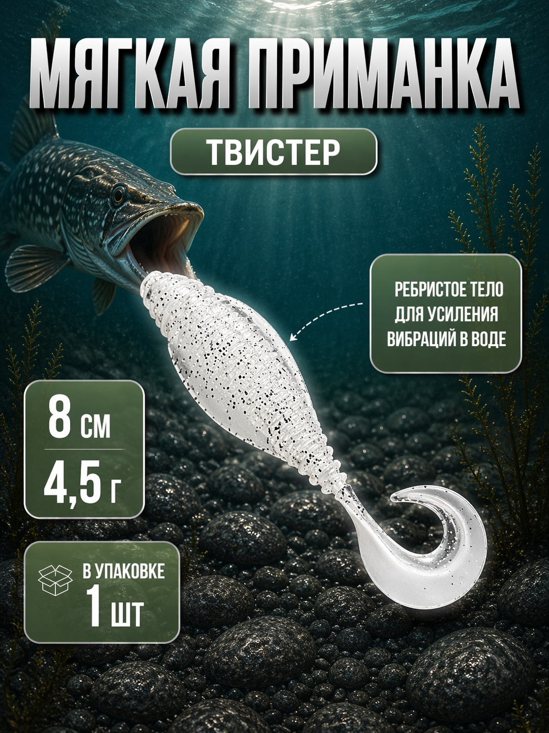 Рыболовная мягкая приманка твистер "Screw Worm", имитация куколки с закрученным хвостом для ловли окуня, мандариновой рыбы, змееголовки 8 см/4,5 г, белая