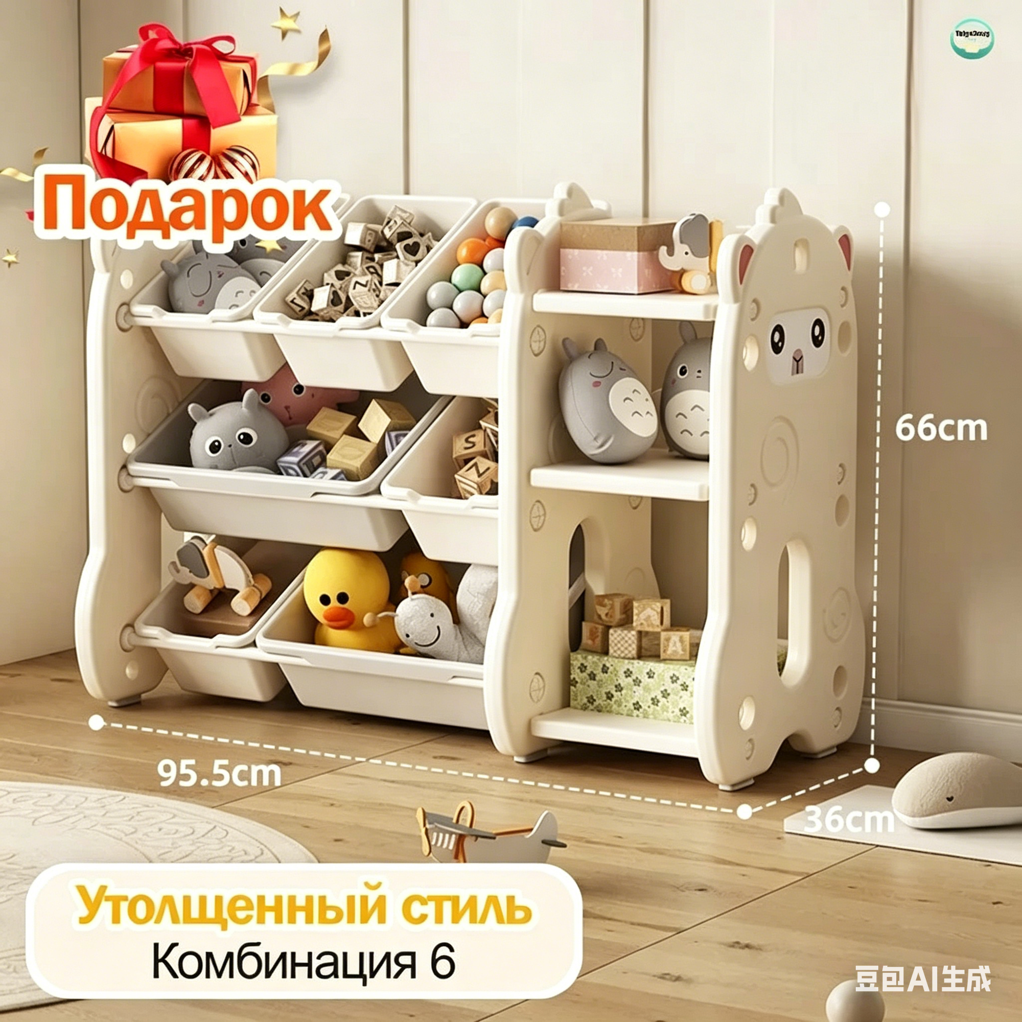 Детский стеллаж-органайзер для игрушек, комбинированный, 6 ящиков + полки, для детской комнаты