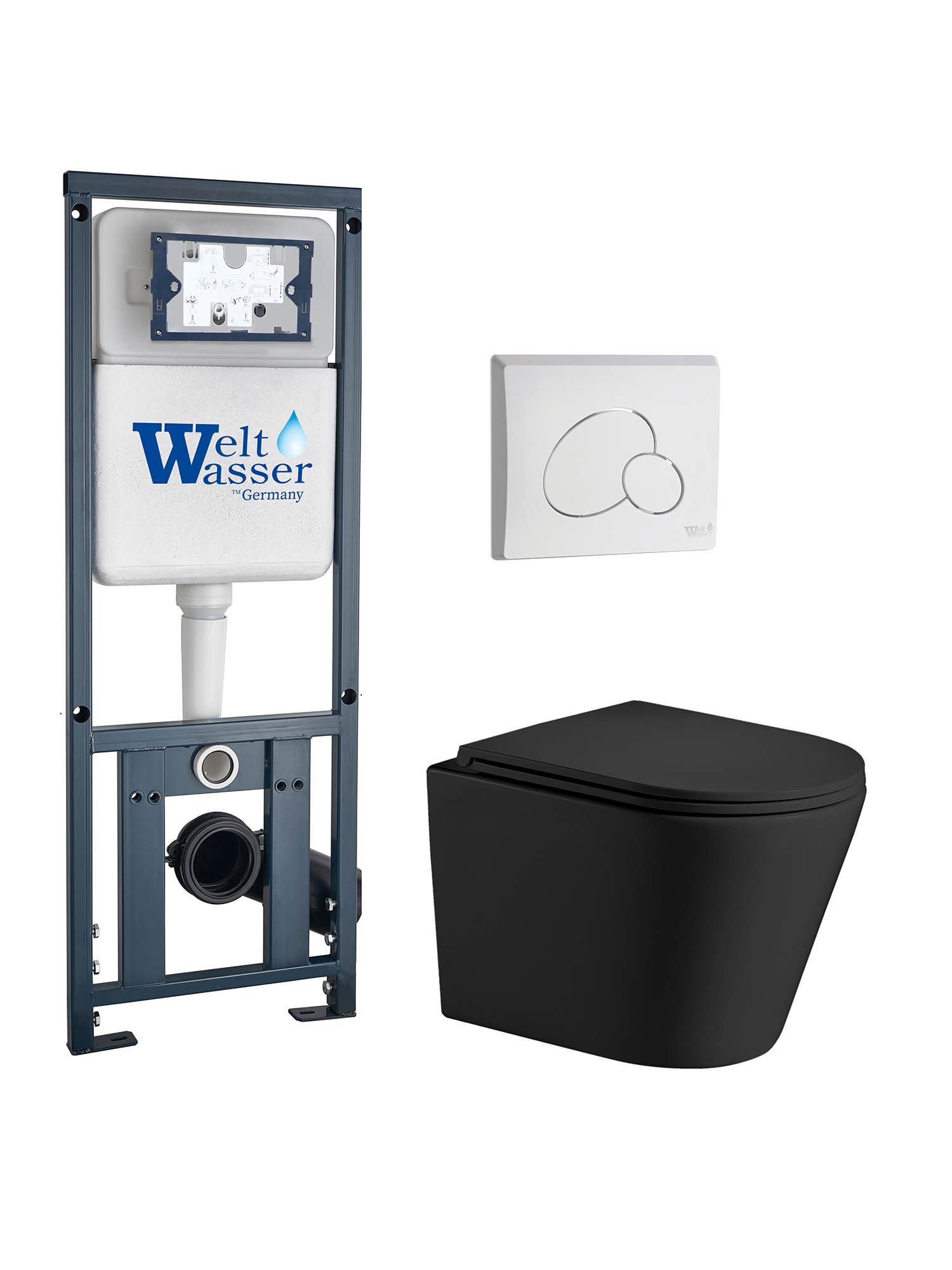Комплект 3 в 1 Унитаз подвесной WeltWasser SALZBACH 043 MT-BL безободковый+Инсталляция MARBERG 410 с кнопкой MAR 410 RD GL-WT белая глянцевая