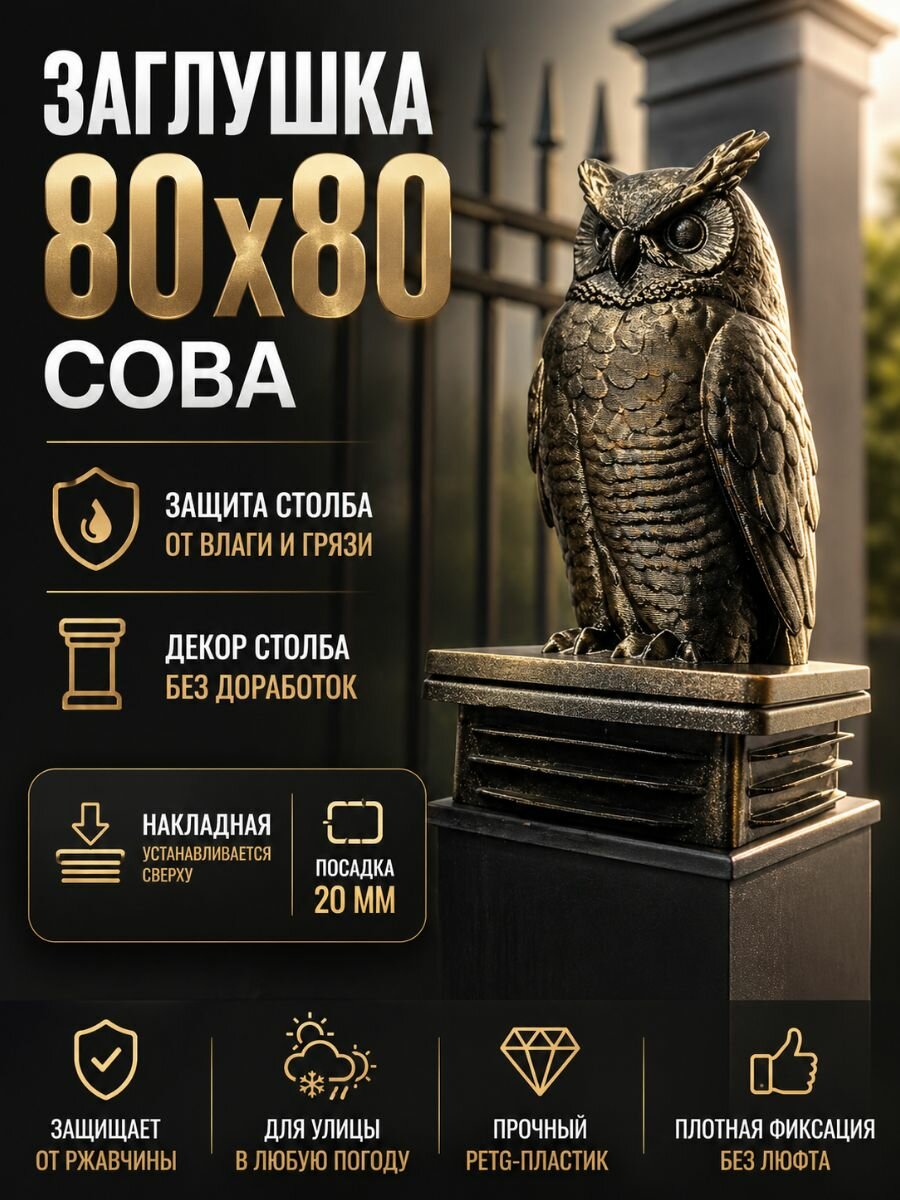 ZZ199 Заглушка для профильной трубы 80x80 мм Сова декоративная, навершие на столб, колпачок для забора, черный бронза