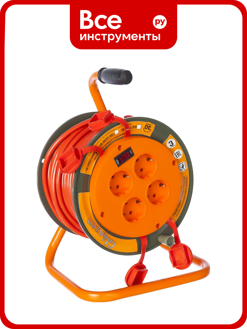 Силовой удлинитель на катушке GLANZEN 4 гн. 30 м ПВС 3x1,5 IP44 EB-30-008 00012295, пластик, для работы с электрическими