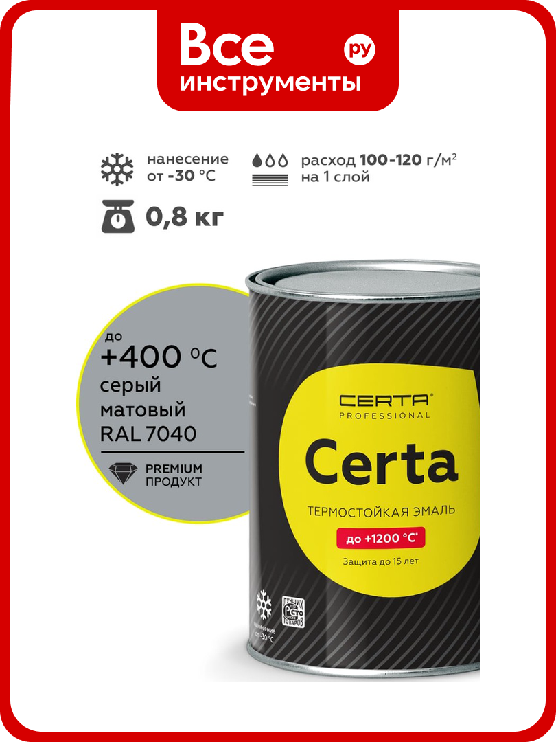 Термостойкая краска CERTA для металла, печей, мангалов, радиаторов, дымоходов, суппортов, до 400 градусов, серый