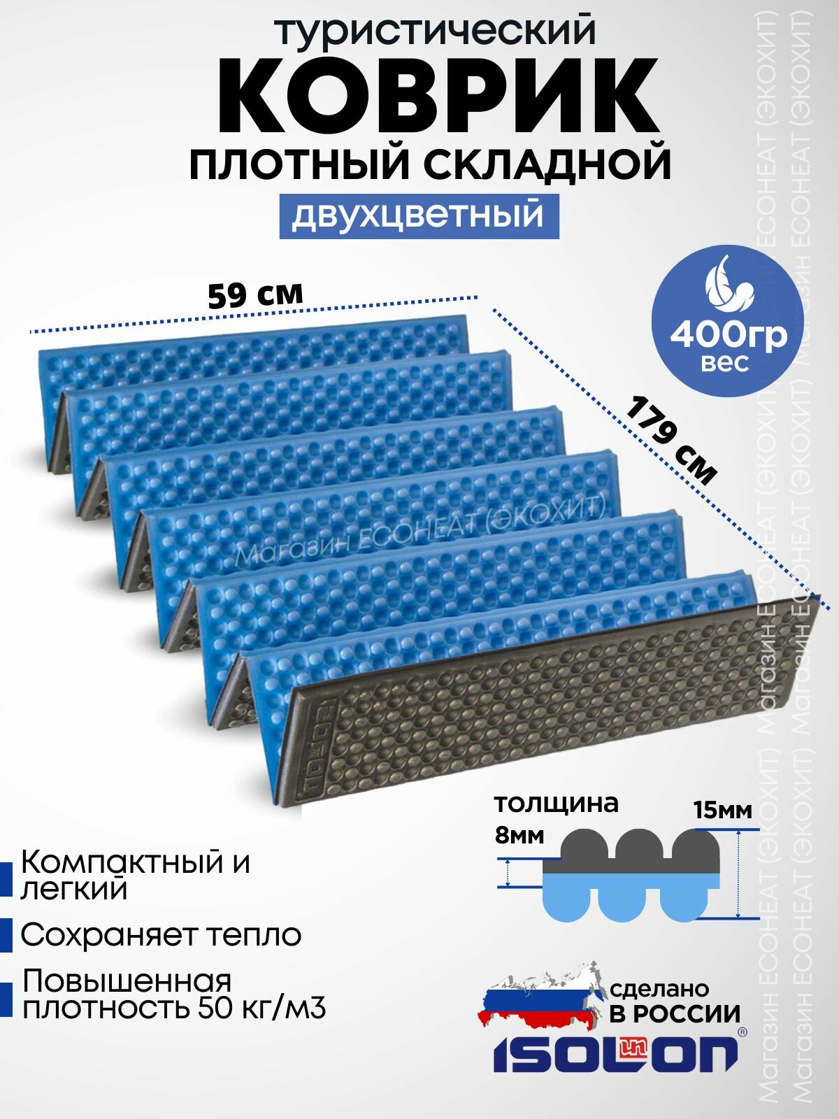 Коврик туристический складной турист флекс / ISOLON / Плотный двухслойный, демпфирующий, походный, не промокает, 2 резинки в подарок, складывается в толстую сидушку
