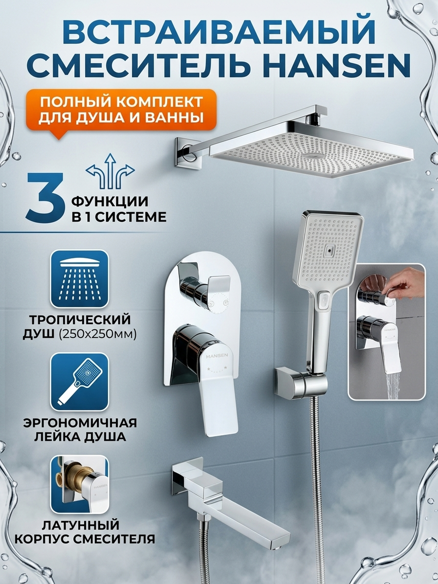 Встраиваемый смеситель для душа и ванны от бренда Hansen HL36099 хром
