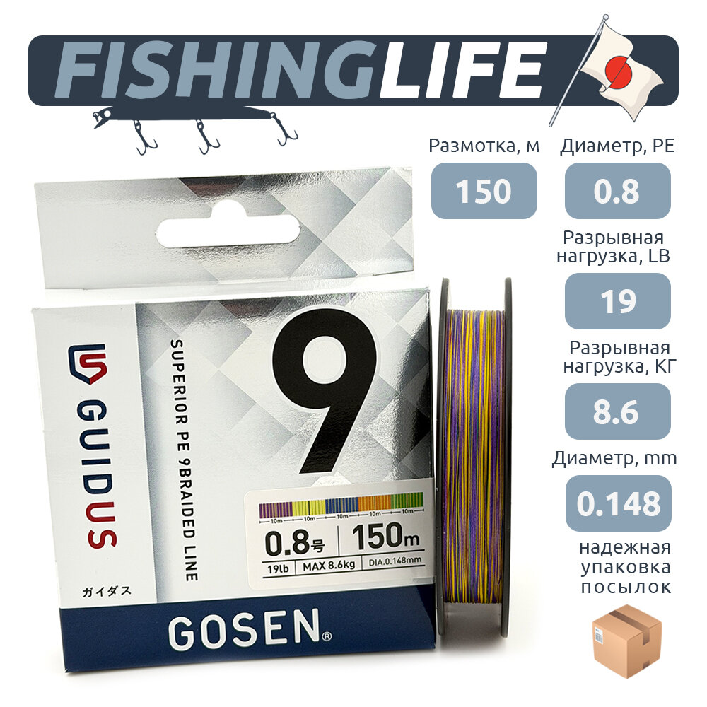Плетеная леска (шнур) Gosen Guidus PE x9 150м мультиколор #0.8 0.148мм 19лб 8.6кг