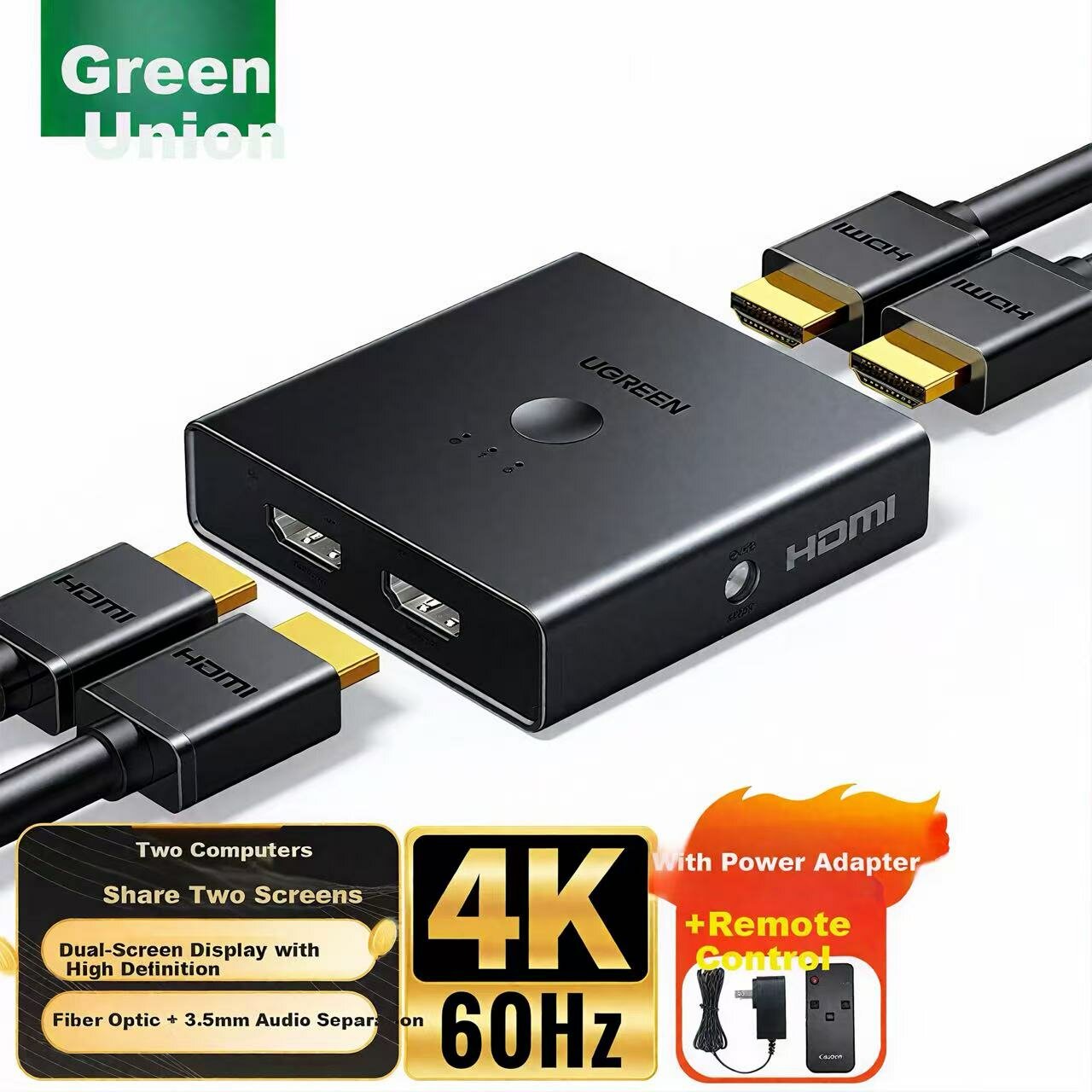 Переключатель-распределитель HDMI UGREEN 2входа 2выхода 4K 60Гц для двух ПК и двух мониторов