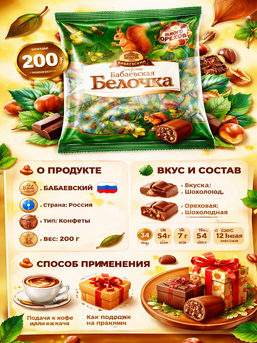 Конфеты Бабаевский Белочка шоколадные, 200г