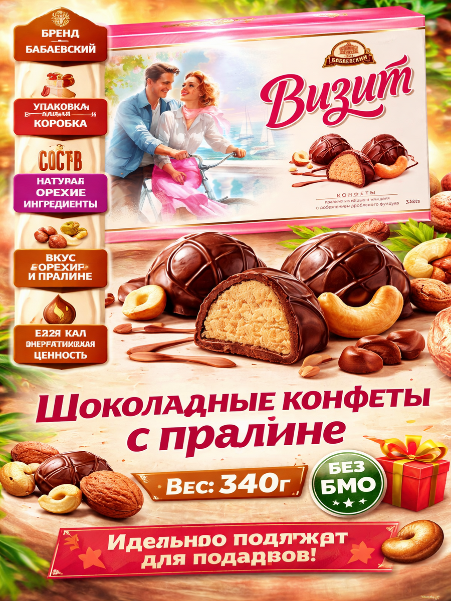Конфеты Бабаевский Визит с дробленым фундуком, 340г